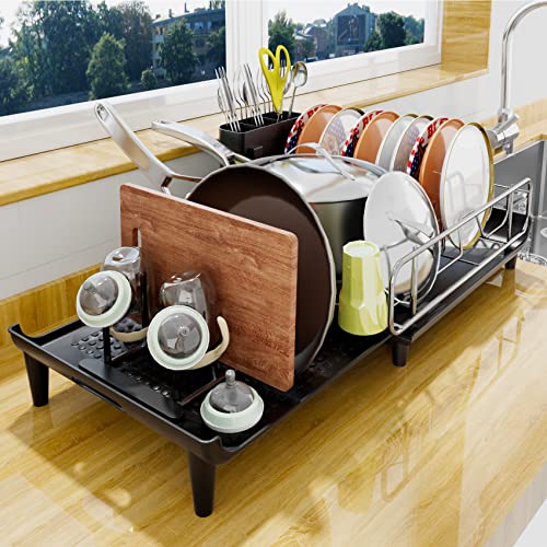 SNTD Dish Drying Rack for Kitchen Counter Sink Organization and Storage Black, Expandable Large Capacity Dish Rack Dish Drainer Utensil Sponge Holder Sink Caddy Over The Sink Pot Pan Rack Organizer