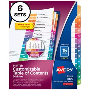 avery 15-tab dividers for 3 ring binders, customizable table of contents, multicolor tabs, 6 sets (11197)