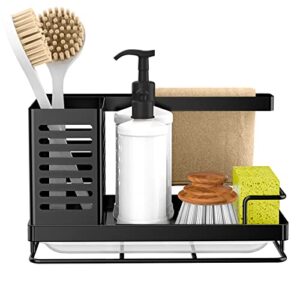 sink caddy, kitchen sink organizer, sponge holder stainless steel kitchen caddy for kitchen sink with removable drain pan storage for soap, sponge, scrubber brush, bottles, dishcloth-black