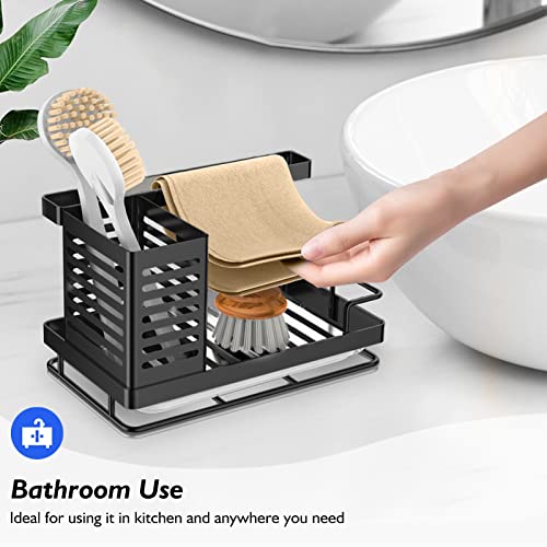 Sink Caddy, Kitchen Sink Organizer, Sponge Holder Stainless Steel Kitchen Caddy for Kitchen Sink with Removable Drain Pan Storage for Soap, Sponge, Scrubber Brush, Bottles, Dishcloth-Black