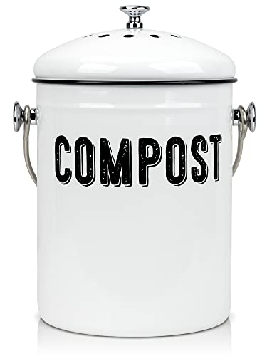 Granrosi Compost Bin Kitchen, Kitchen Compost Bin Countertop, Indoor Compost Bin, Countertop Compost Bin with Lid, 100% Rust Proof Compost Bucket w/ Non-Smell Charcoal Filters, 1.3 Gallon - White