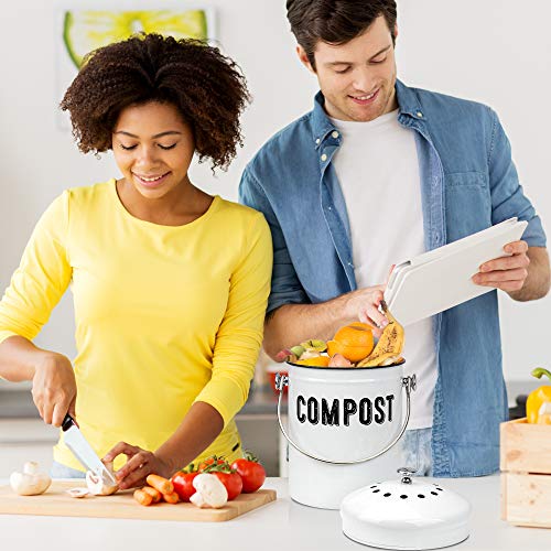 Granrosi Compost Bin Kitchen, Kitchen Compost Bin Countertop, Indoor Compost Bin, Countertop Compost Bin with Lid, 100% Rust Proof Compost Bucket w/ Non-Smell Charcoal Filters, 1.3 Gallon - White