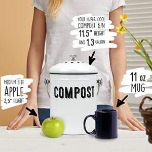 Granrosi Compost Bin Kitchen, Kitchen Compost Bin Countertop, Indoor Compost Bin, Countertop Compost Bin with Lid, 100% Rust Proof Compost Bucket w/ Non-Smell Charcoal Filters, 1.3 Gallon - White