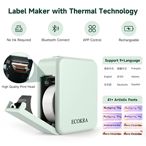 Ecokra Bluetooth Label Maker Machine with Tape,P15 Mini Thermal Label Maker for Organizing,Portable Desktop Label Printer,Sticker Printer with Multiple Templates for Office,Home,Kitchen,School