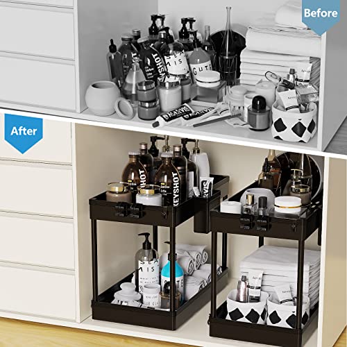 Johamoo 2 Pack Under Sink Organizer, 2-Tier Bathroom Kitchen Organizer and Storage with Support Tubes, Hooks, Hanging Cup, Under Cabinet Basket Organizers for Cleaning Supplies and Toiletries