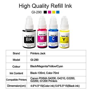 Printers Jack Compatible Canon GI-290 Refill Ink Bottle Kit for Canon PIXMA G4200, PIXMA G3200, PIXMA G4210, PIXMA G2200, PIXMA G1200 Printers