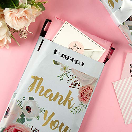 RUSPEPA 6x9 inches Poly Mailers Shipping Bags Thank You Notes Flowers Surrounded White Poly Mailers 2.3 Mil Heavy Duty Self Seal Mailing Envelopes - 100 Pack