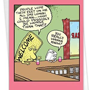 NobleWorks - 1 Happy Birthday Greeting Card Funny - Cartoon Comic Humor, Celebrate Birthdays Notecard - Welcome Mat C9283BDG