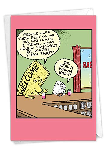 NobleWorks - 1 Happy Birthday Greeting Card Funny - Cartoon Comic Humor, Celebrate Birthdays Notecard - Welcome Mat C9283BDG