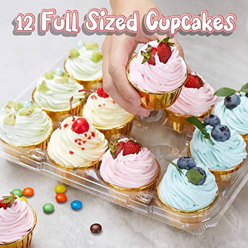 (12 Pack x 20 Sets) Gencywe Stackable Cupcake Carrier with 240 Pack Cupcake Liners, Plastic Cupcake Boxes Holders for 12 Cupcakes, High Tall Dome Lid Cupcake Containers, Clear Disposable Cupcake Trays