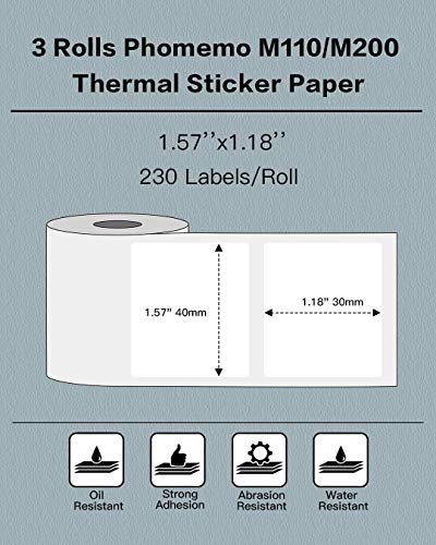 Phomemo M110 Bluetooth Label Maker with 3 Rolls 1.57"x1.18"(40x30mm) Thermal Labels- Thermal Label Maker Printer Apply to Labeling, Office, Cable, Retail, Barcode, Compatible with Android & iOS