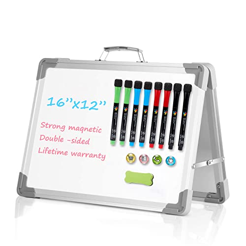 Small Dry Erase White Board – Magnetic Desktop Foldable Whiteboard Portable Mini Easel Double Sided on Table Top with Holder for Kids Drawing, Teacher Instruction, Memo Board