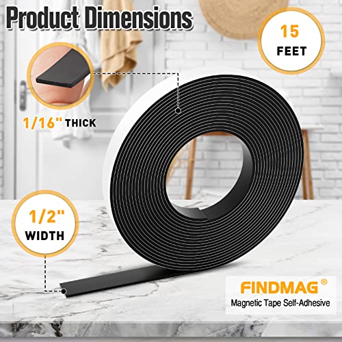 FINDMAG Magnetic Tape with Strong Self Adhesive Flexible Magnetic Strip Magnet Tape Roll Perfect for Craft and DIY Projects, whiteboards & Fridge Organization - 1/16" Thick x 1/2" Wide x 15 feet