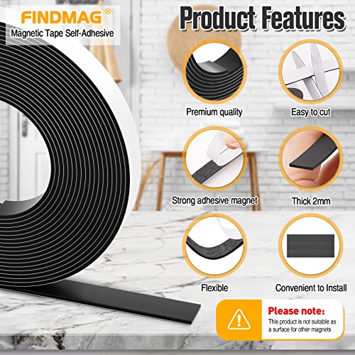 FINDMAG Magnetic Tape with Strong Self Adhesive Flexible Magnetic Strip Magnet Tape Roll Perfect for Craft and DIY Projects, whiteboards & Fridge Organization - 1/16" Thick x 1/2" Wide x 15 feet