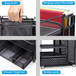 Simple Trending 4-Trays Mesh Office Supplies Desk Organizer, Desktop Hanging File Holder with Drawer Organizer and Vertical Upright Section for Office Home, Black