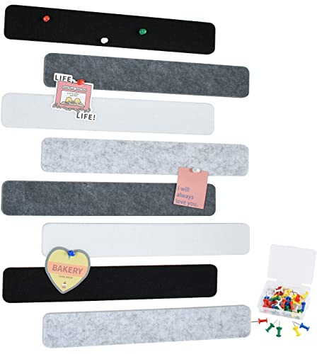 Vuzvuv 8Pcs Black White Grey Felt Pin Board Bar Strips with 35 Pushpins, Self-Adhesive Lightweight Bulletin Board Bar Strips No Damage for Wall,for Paste Notes, Photos, Schedules, Announcements.