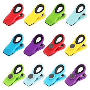 bag clips with magnet, 12 pack 6 assorted bright colors magnetic clips for refrigerator, magnet clips, chip clips, bag clips for food storage, snack bags and food bags