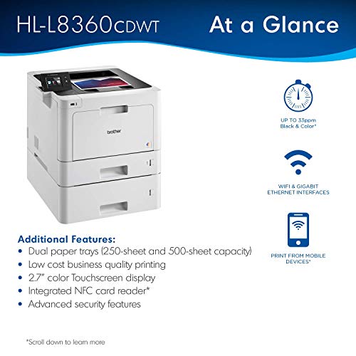 Brother HL-L8360CDWT Business Color Laser Printer, Wireless Networking, Auto 2-Sided Printing, 250-sheet or 500-sheet Capacity, 33 ppm, 512 MB, 2400 x 600 DPI, White-Bundle with JAWFOAL Printer Cable