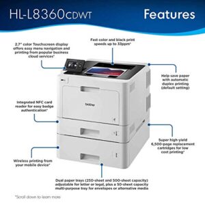 Brother HL-L8360CDWT Business Color Laser Printer, Wireless Networking, Auto 2-Sided Printing, 250-sheet or 500-sheet Capacity, 33 ppm, 512 MB, 2400 x 600 DPI, White-Bundle with JAWFOAL Printer Cable