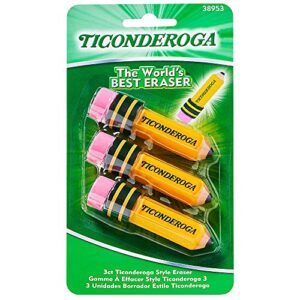 ticonderoga erasers, pencil shaped, latex-free, yellow, 3-pack (38953)