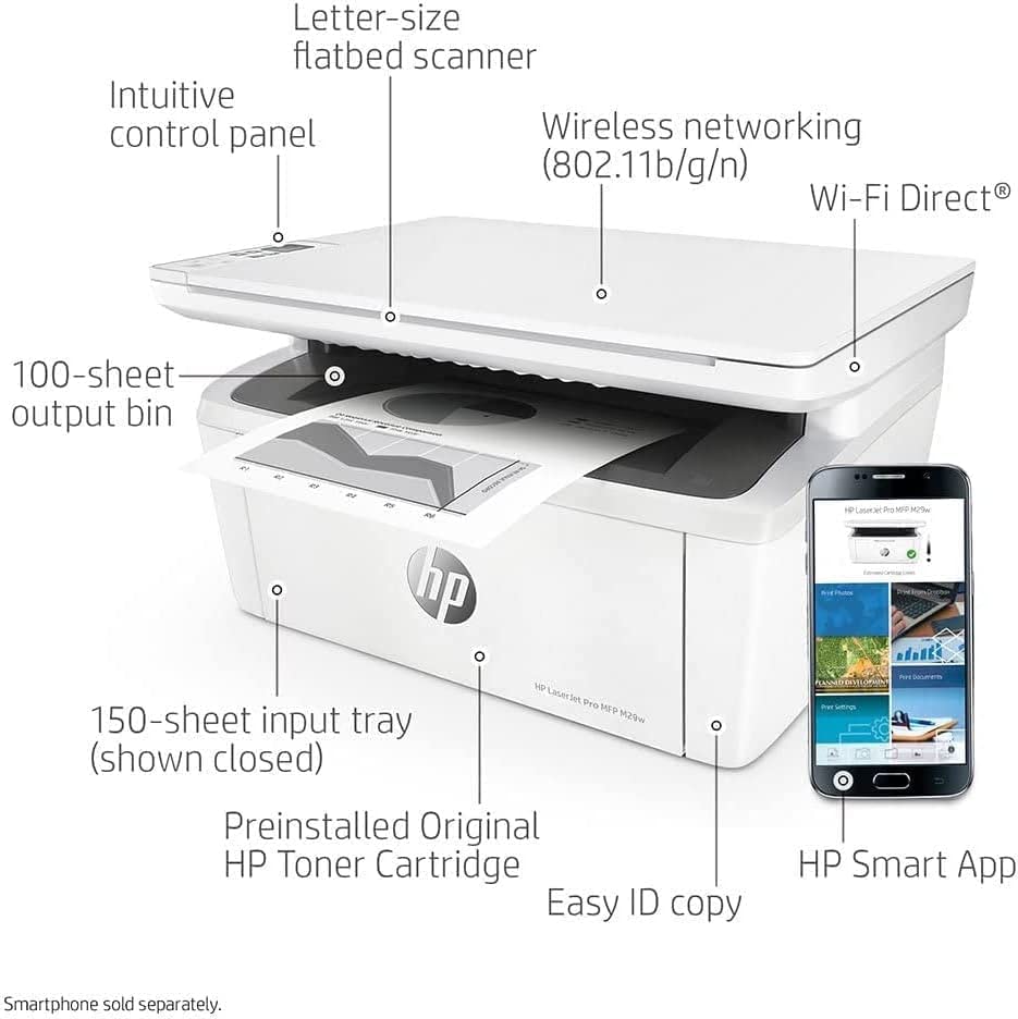 HP (Renewed) Laserjet Pro MFP M29W All-in-One Wireless Monochrome Laser Printer, White - Print Scan Copy - 1.0" Icon LCD Display, 19 ppm, 600 x 600 dpi, 8.5 x 11.69, Hi-Speed USB