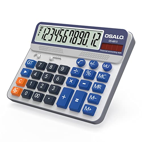 Desktop Calculator Extra Large 5-Inch LCD Display 12-Digit Big Number Accounting Calculator with Giant Response Button, Battery & Solar Powered, Perfect for Office Business Home Daily Use(OS-6815)