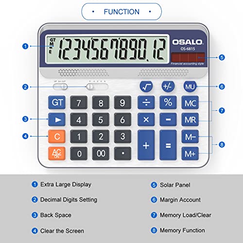 Desktop Calculator Extra Large 5-Inch LCD Display 12-Digit Big Number Accounting Calculator with Giant Response Button, Battery & Solar Powered, Perfect for Office Business Home Daily Use(OS-6815)