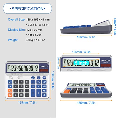 Desktop Calculator Extra Large 5-Inch LCD Display 12-Digit Big Number Accounting Calculator with Giant Response Button, Battery & Solar Powered, Perfect for Office Business Home Daily Use(OS-6815)