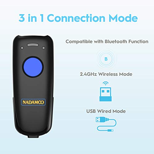 NADAMOO Wireless Barcode Scanner Compatible with Bluetooth, with Charging Dock, Portable USB 1D Bar Code Scanner for Inventory, 2.4G Wireless & Wired Barcode Reader for Tablet iPhone iPad Android iOS