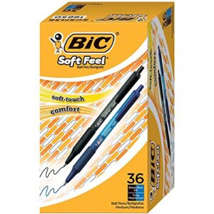 bic soft feel assorted colors retractable ballpoint pens, medium point (1.0mm), 36-count pack, black and blue pens with soft-touch comfort grip