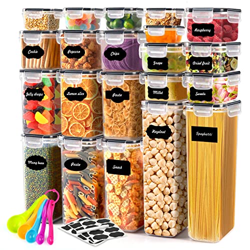 21 Pack Airtight Food Storage Containers Set, Kitchen & Pantry Organization Containers for Cereal, Flour & Sugar, BPA Free Plastic Cereal Container with Easy Lock Lids, Labels, Marker & Spoon Set