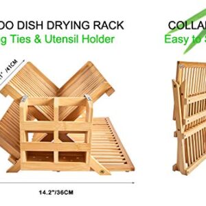 NOVAYEAH Bamboo Dish Drying Rack with Utensil Holder, Collapsible Wooden Dish Drainer Rack, 3-Tier Large Folding Drying Holder for Kitchen Counter