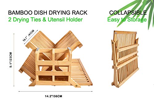 NOVAYEAH Bamboo Dish Drying Rack with Utensil Holder, Collapsible Wooden Dish Drainer Rack, 3-Tier Large Folding Drying Holder for Kitchen Counter