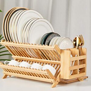 NOVAYEAH Bamboo Dish Drying Rack with Utensil Holder, Collapsible Wooden Dish Drainer Rack, 3-Tier Large Folding Drying Holder for Kitchen Counter