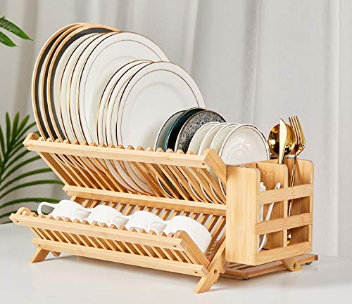 NOVAYEAH Bamboo Dish Drying Rack with Utensil Holder, Collapsible Wooden Dish Drainer Rack, 3-Tier Large Folding Drying Holder for Kitchen Counter