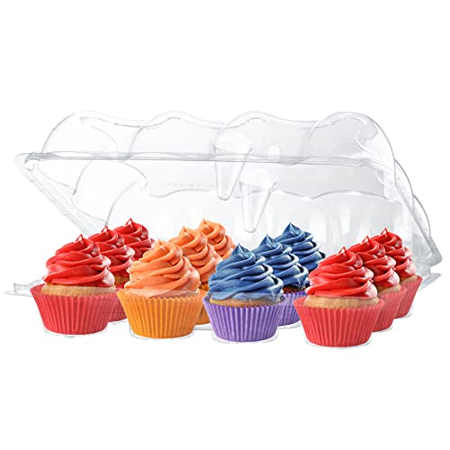 5 Cupcake Containers Plastic Disposable | High Dome Cupcake Boxes 12 Compartment Cupcake Holders Disposable Cupcake Carrier | Dozen Cupcake Trays | Durable Cup Cake Muffin Packaging Transporter