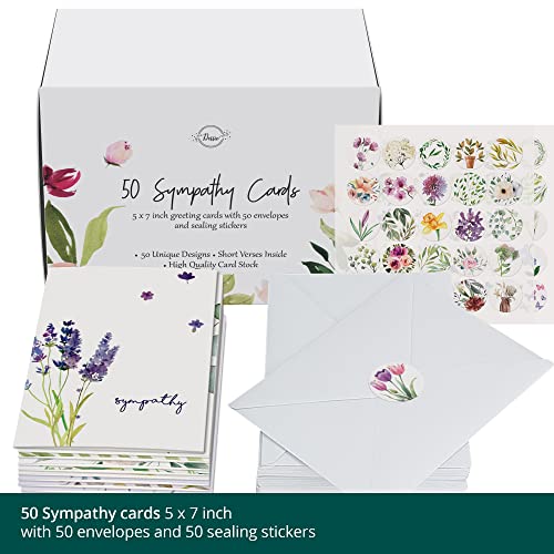 Dessie 50 Different Sympathy Cards with Greetings Inside. 5x7 Inch 50 Condolence Cards with Crisp Designs, Envelopes and Matching Floral Sealing Stickers. Multi