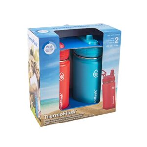 ThermoFlask Double Wall Vacuum Insulated Stainless Steel Kids Water Bottle with Straw Lid, 16 Ounce, 2-Pack, Red / Blue