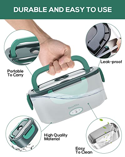 Electric Lunch Box Food Heater 80W Upgraded Leak-proof Heated Lunch Box 12V 24V 110V-230V 3 in 1 Portable Food Warmer for Car/Truck/Office with 304 Stainless Steel Container Spoon & Fork and Carry Bag