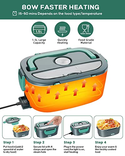 Electric Lunch Box Food Heater 80W Upgraded Leak-proof Heated Lunch Box 12V 24V 110V-230V 3 in 1 Portable Food Warmer for Car/Truck/Office with 304 Stainless Steel Container Spoon & Fork and Carry Bag