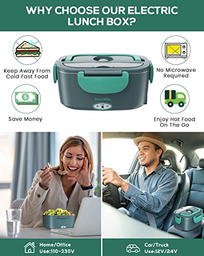 Electric Lunch Box Food Heater 80W Upgraded Leak-proof Heated Lunch Box 12V 24V 110V-230V 3 in 1 Portable Food Warmer for Car/Truck/Office with 304 Stainless Steel Container Spoon & Fork and Carry Bag