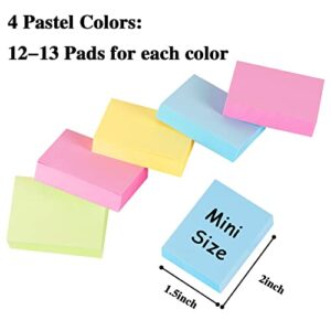 50 Pads Mini Sticky Notes 1.5X 2 inch, Small Self-Stick Note, Bulk Tiny Pads for Office, School, Home, 100 Sheets/Pad, 4 Pastel Colors, Pink, Yellow, Green, Blue