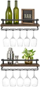 mkono wall mounted wine rack set of 2 wood rustic wine bottle glass floating shelves with stemware hanger modern plants photos wine display storage holder for kitchen dining room bar, 17 inch