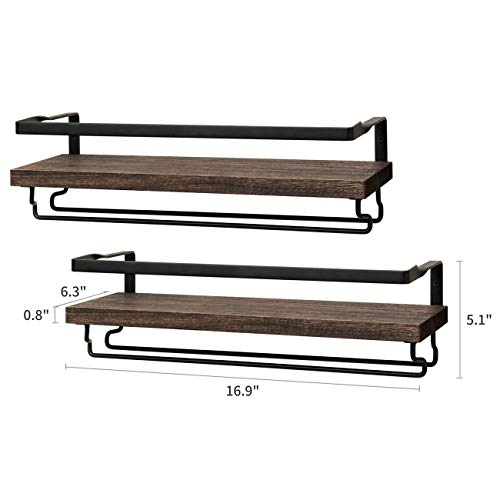 Mkono Wall Mounted Wine Rack Set of 2 Wood Rustic Wine Bottle Glass Floating Shelves with Stemware Hanger Modern Plants Photos Wine Display Storage Holder for Kitchen Dining Room Bar, 17 Inch