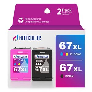 hotcolor 67xl hp printer ink replacement for hp 67 ink cartridges black/color combo pack xl for hp envy 6055e 6000 deskjet 2755e 4155e deskjet plus 4155 4158 4152 envy pro 6455 6452 6400 (1+1, 2pk)