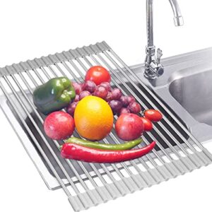 lauon roll up dish drying rack over the sink multipurpose dish drainer tray mat，304 stainless steel foldable dish rack (17.8”x11.8”)