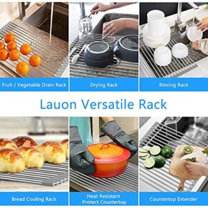 Lauon Roll Up Dish Drying Rack Over The Sink Multipurpose Dish Drainer Tray Mat，304 Stainless Steel Foldable Dish Rack (17.8''x11.8'')