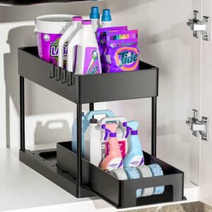 2 Pack Under Sink Organizers and Storage With Sliding Storage Drawers Basket,2 Tier Bathroom Organizer Under Sink,Kitchen Cabinet Organizers And Storage Rack With Hooks,The Bottom Can Be Pull Out