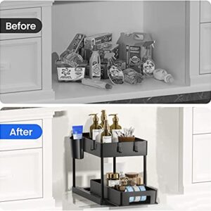 2 Pack Under Sink Organizers and Storage With Sliding Storage Drawers Basket,2 Tier Bathroom Organizer Under Sink,Kitchen Cabinet Organizers And Storage Rack With Hooks,The Bottom Can Be Pull Out