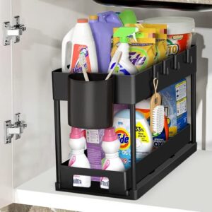 2 Pack Under Sink Organizers and Storage With Sliding Storage Drawers Basket,2 Tier Bathroom Organizer Under Sink,Kitchen Cabinet Organizers And Storage Rack With Hooks,The Bottom Can Be Pull Out